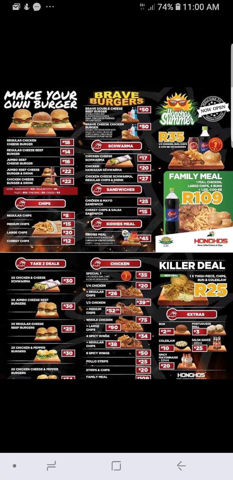 Menu at Honchos Fordsburg restaurant, Johannesburg, 28 Mint Rd