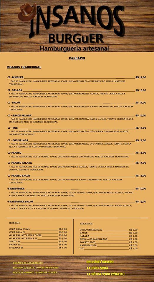 Menu at Insanos Buguer restaurant, Avaré