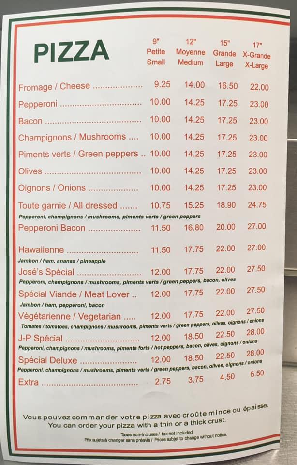 Menu au Pizza Jose pizzeria, Gatineau