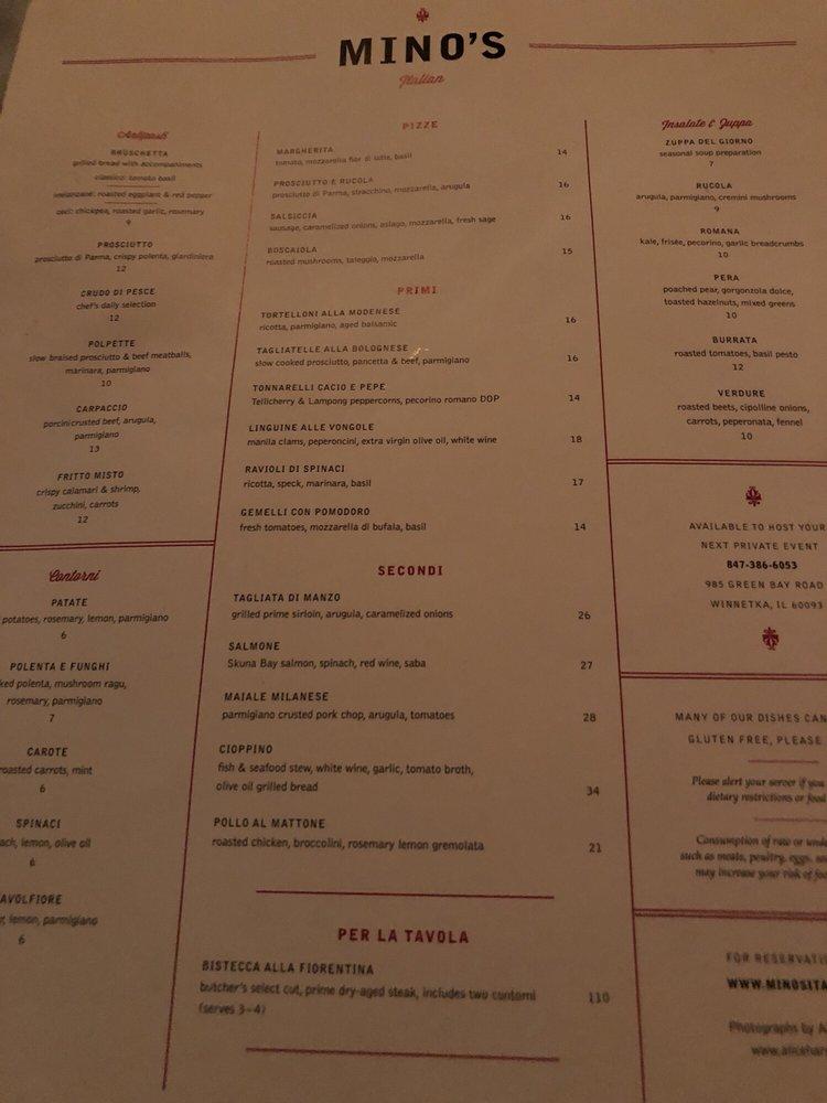 Menu at Mino’s pub & bar, Winnetka