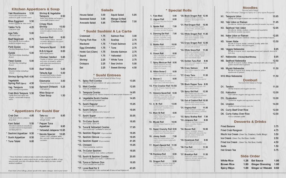 Menu at Miyabi Sushi restaurant, Richmond