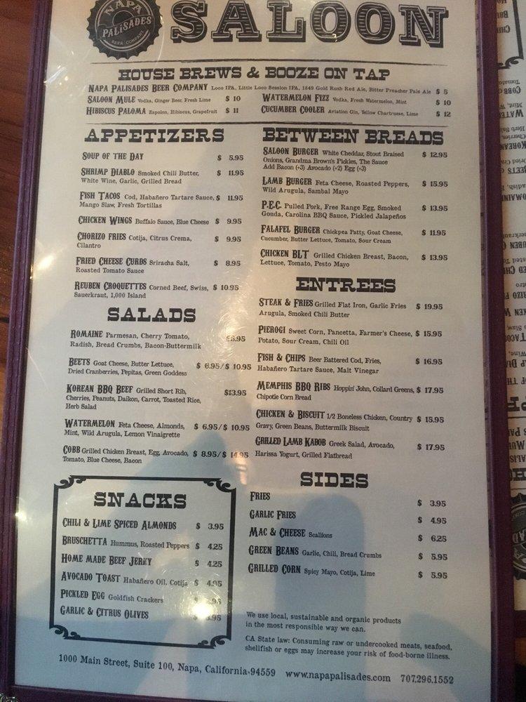 Menu at Napa Palisades Saloon pub & bar, Napa, Main St #100
