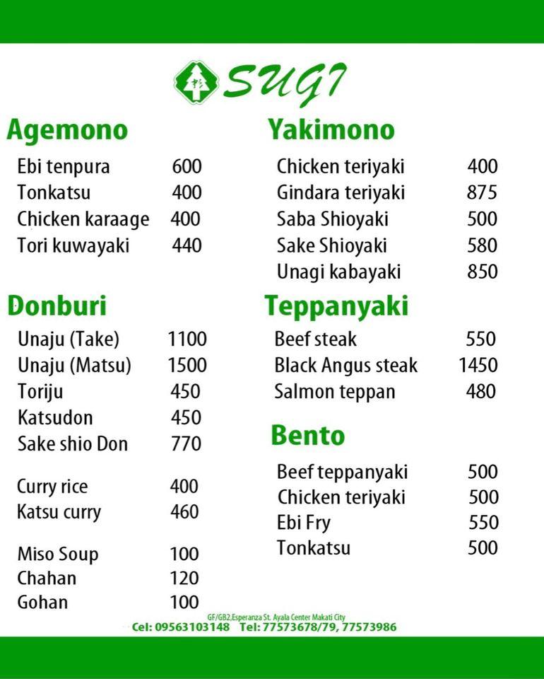 Menu at Sugi restaurant, Makati, Greenbelt 2 Esperanza St