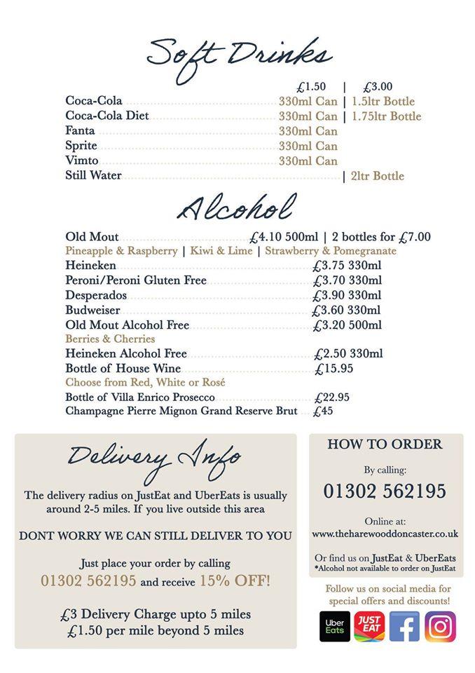 Menu at The Harewood restaurant, Doncaster