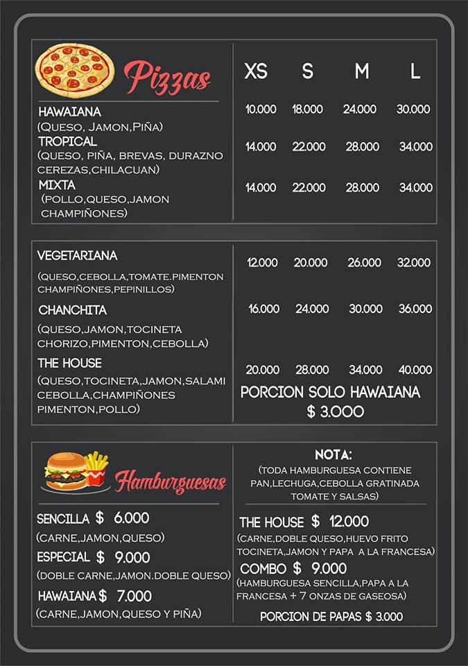Menu at The Pizza House restaurant, Sibundoy