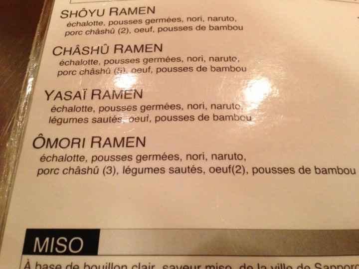 Menu at Tora-Ya Ramen restaurant, Québec City