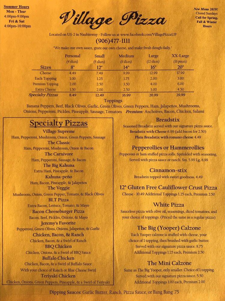Carta de pizzería Village Pizza, Naubinway, W11627 US-2