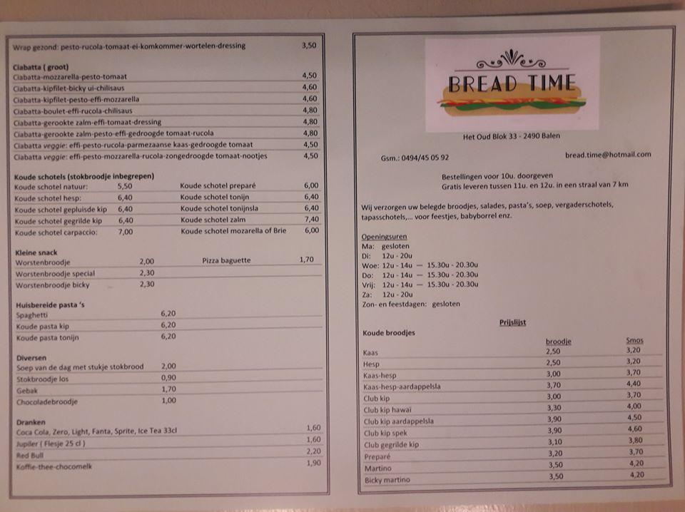 Menu at Bread Time Broodjeszaak, Balen