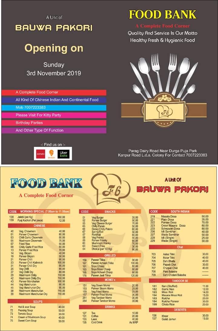 Menu at Food Bank, Lucknow, Parag dairy road