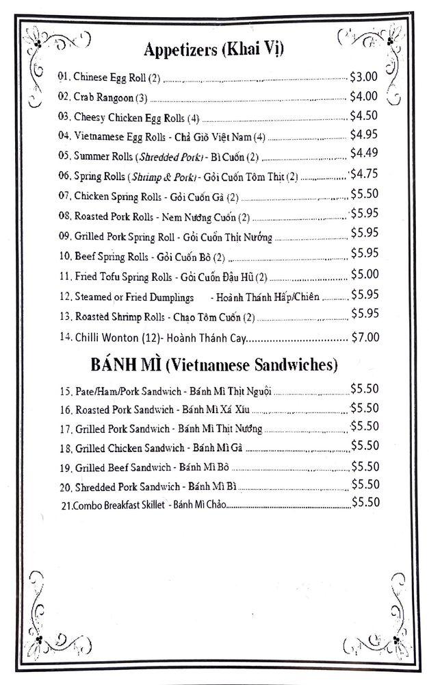 Menu at Pho KC restaurant, Wichita