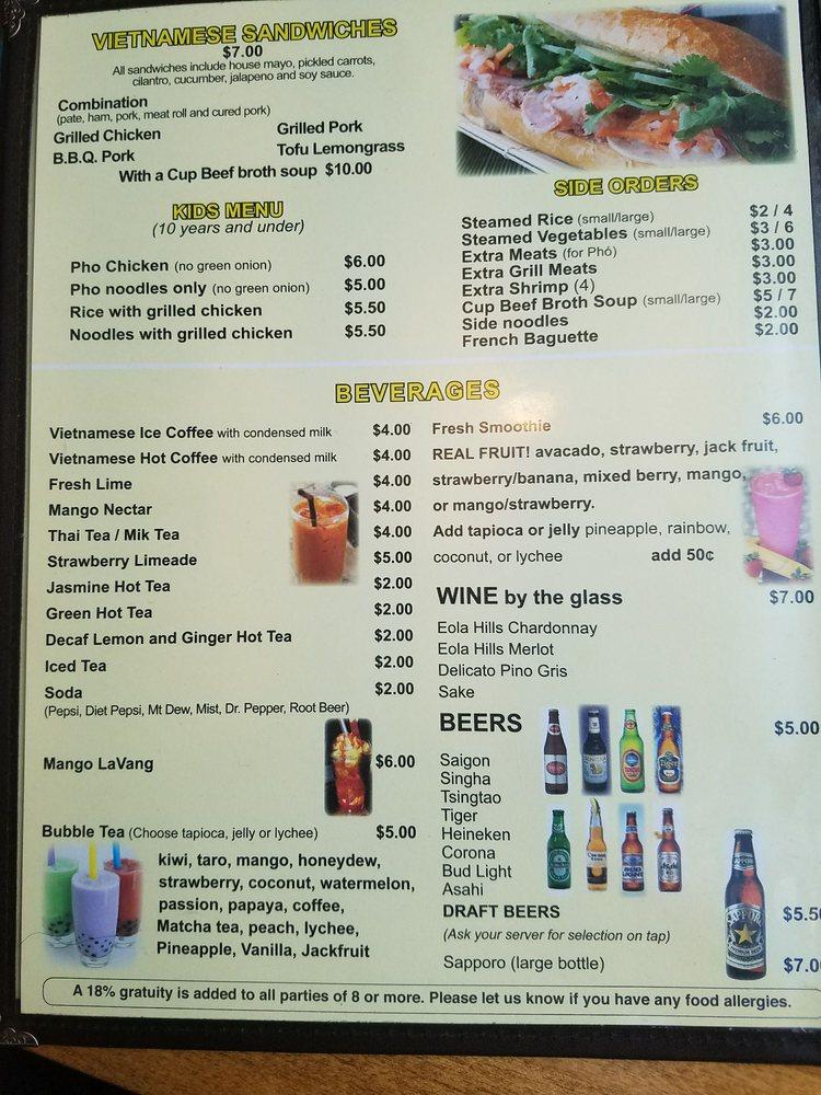Menu at Phở Lavang Vietnamese Restaurant, Lake Oswego