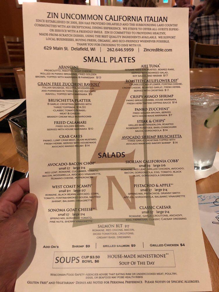 Menu at Zin - Uncommon California Italian pub & bar, Delafield
