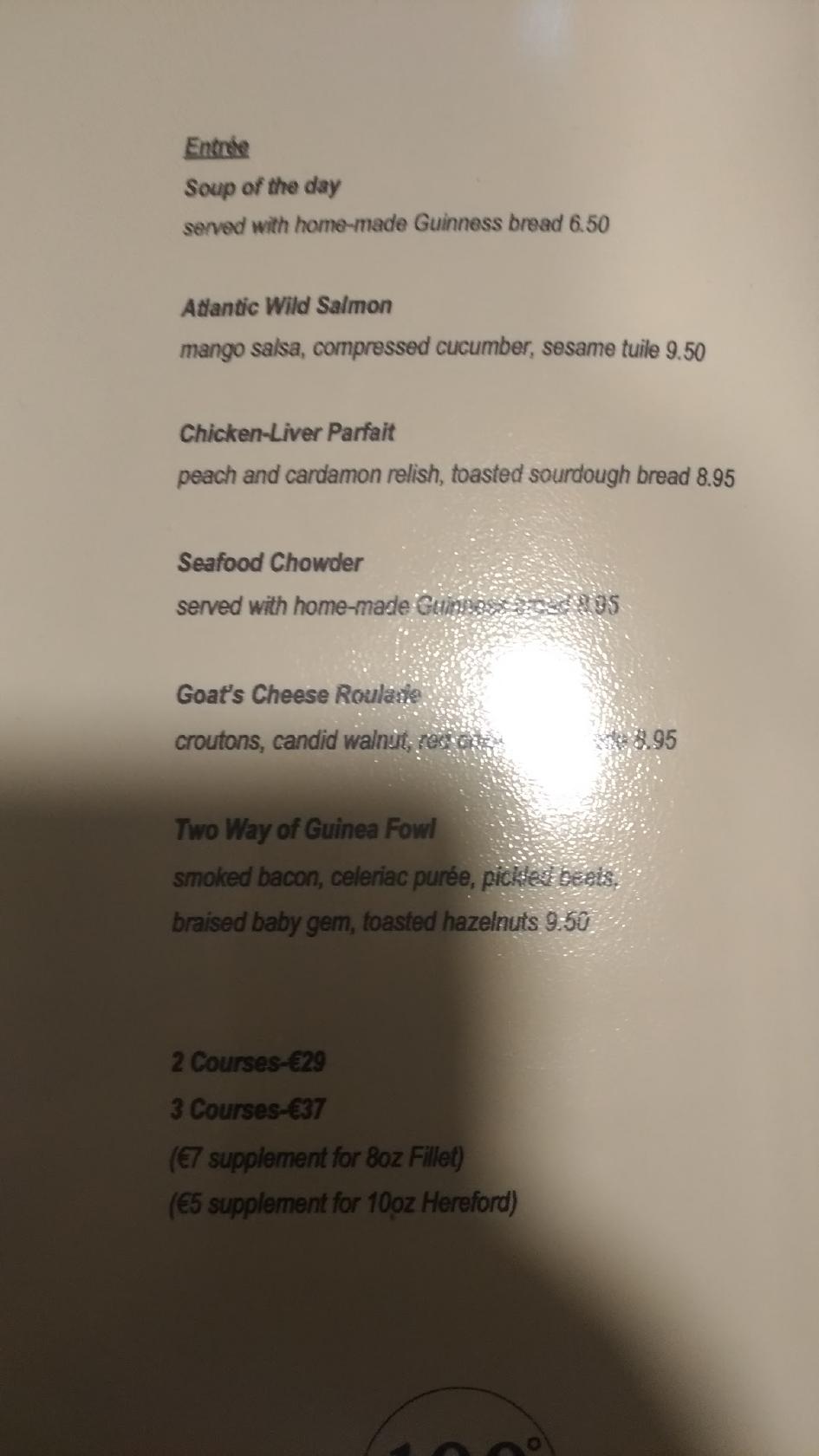 Menu at 100° One Hundred Degrees restaurant, Gorey