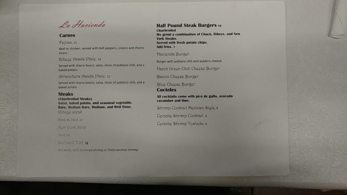 Menu at La Hacienda steakhouse, Moriarty, 5 Carl Cannon Ranch Rd