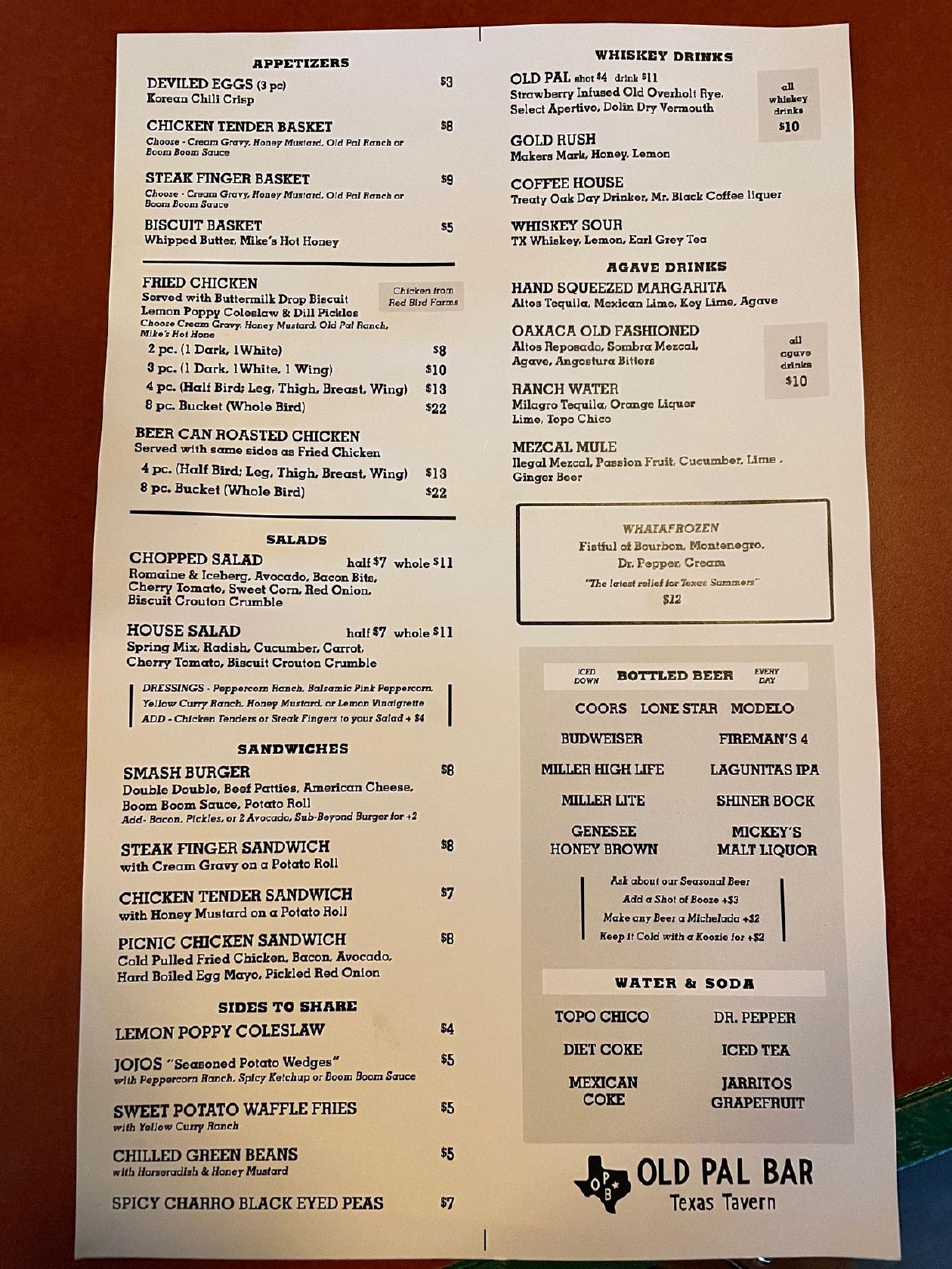 Menu at Old Pal Texas Tavern pub & bar, Lockhart