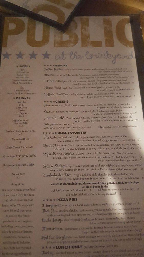 Menu at Public at the Brickyard, Wichita