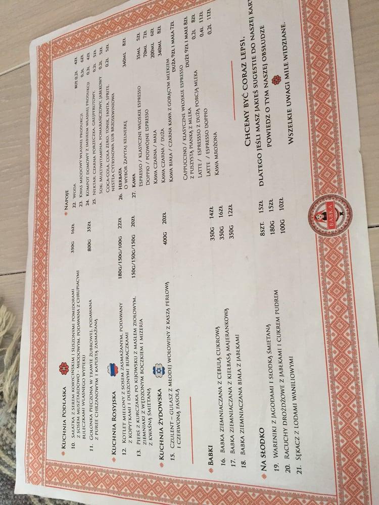 Menu at Restaurant Babka, Bialystok