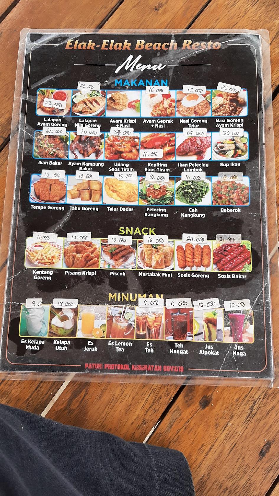 Menu at Elak-Elak Beach Resto restaurant, Indonesia