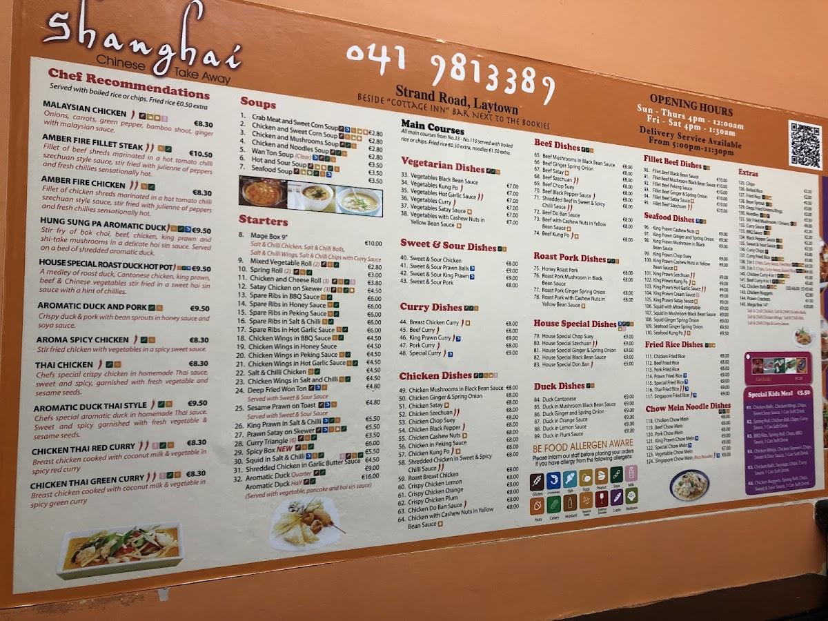 Menu at Shanghai Chinese Takeaway restaurant, Laytown