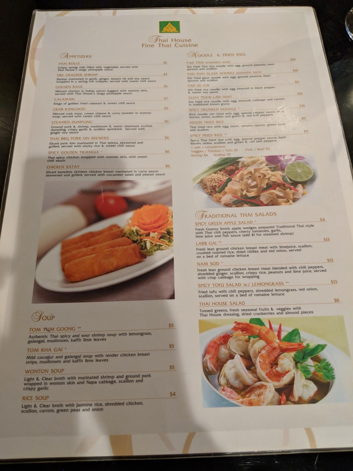 Menu at Thai House restaurant, Dothan