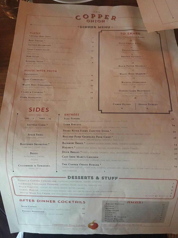 Menu at The Copper Onion restaurant, Salt Lake City