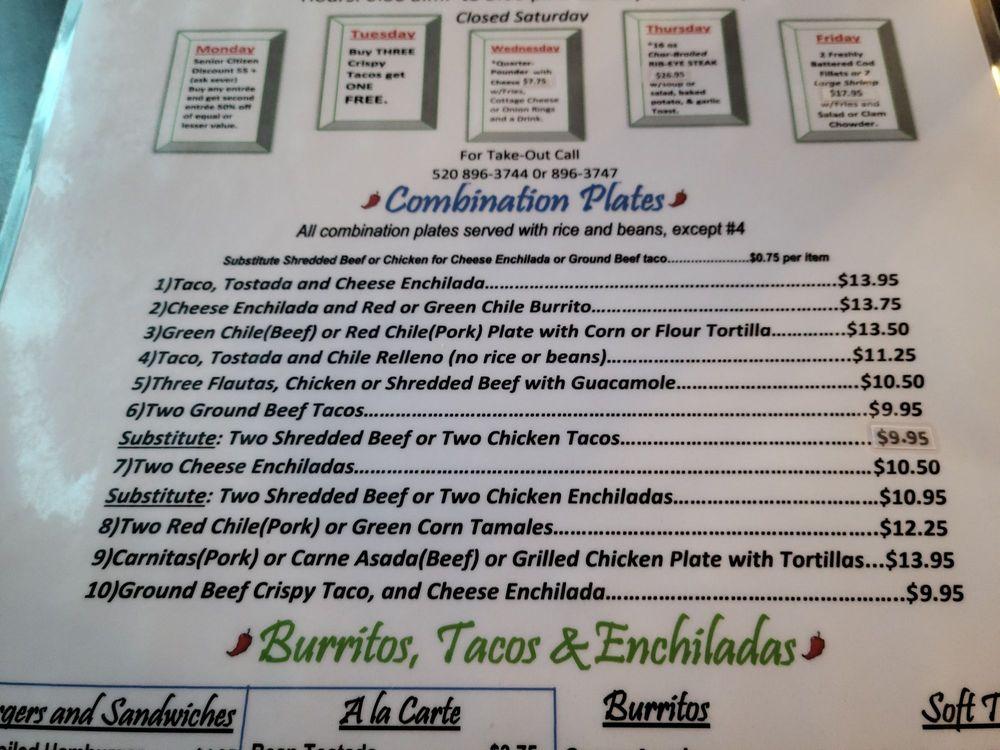 Menu at Casa Rivera's Taco Express restaurant, Oracle