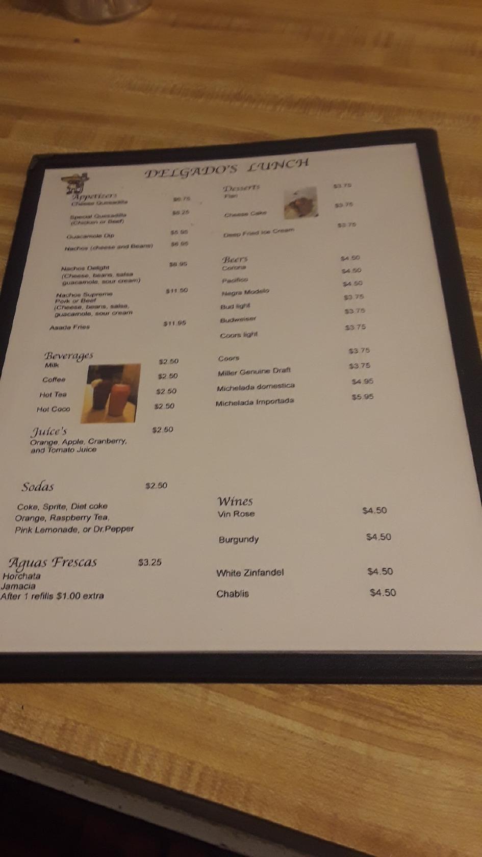Menu at Delgado's Restaurant, San Jacinto