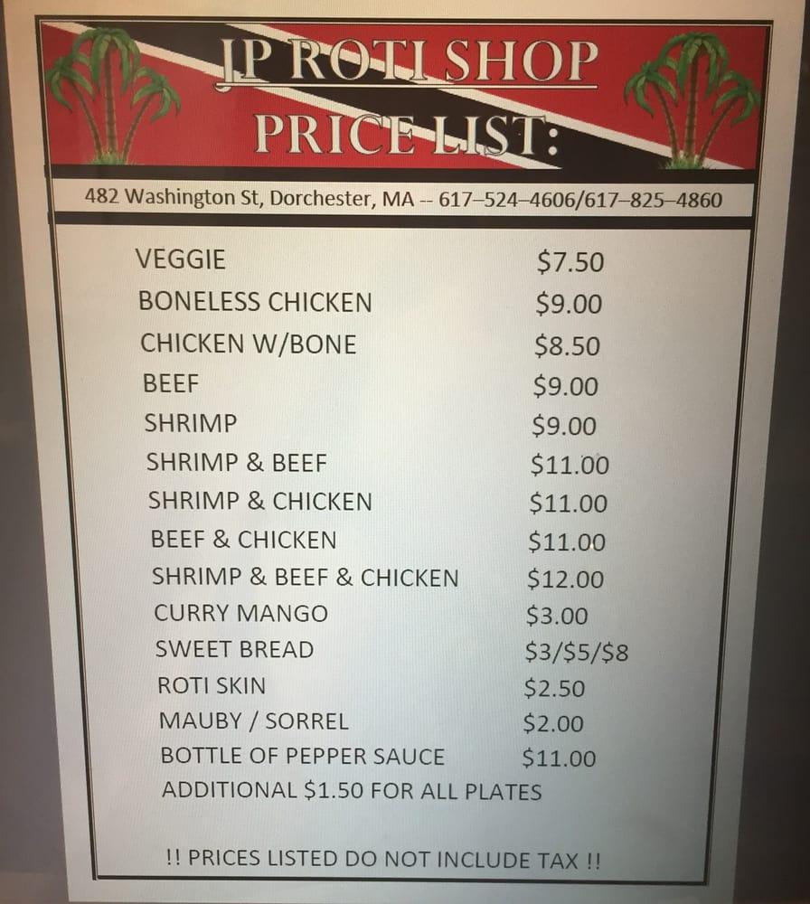Carta del restaurante JP Roti Shop, Boston