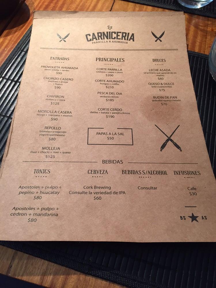Menu at La Carnicería pub & bar, Buenos Aires