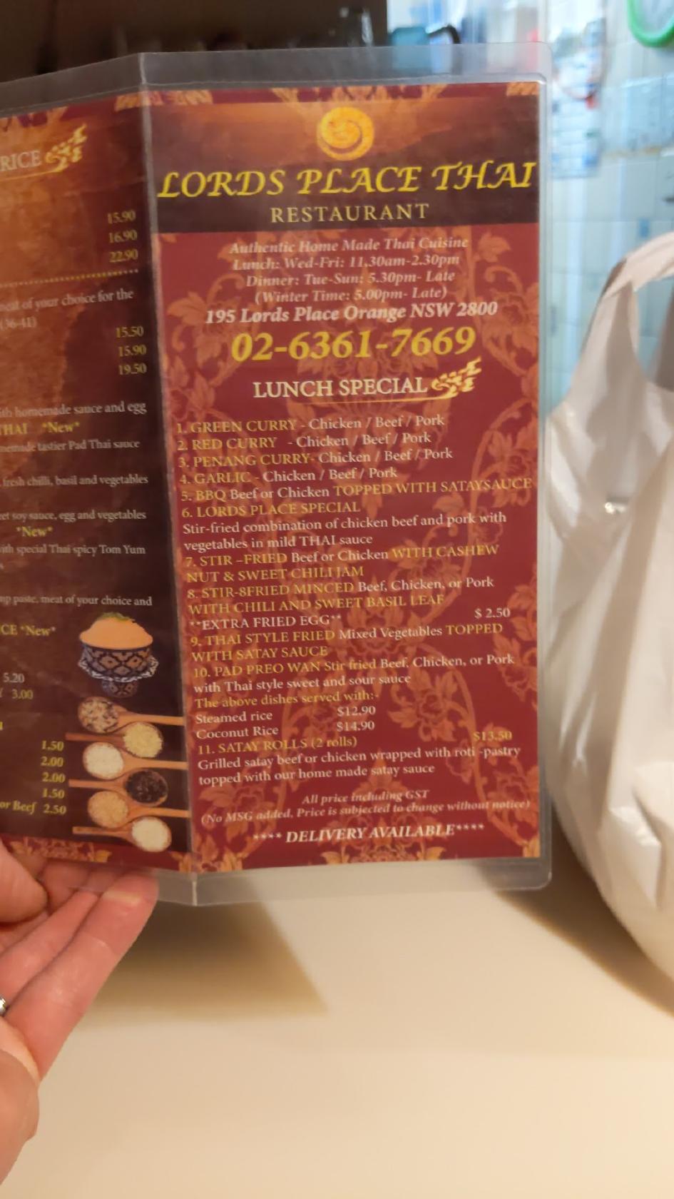 Menu at Lords Place Thai Restaurant, Orange