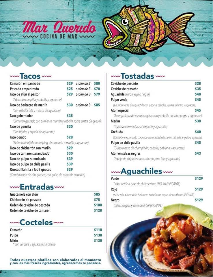 Menu at Mariscos Mar Querido restaurant, Guadalajara