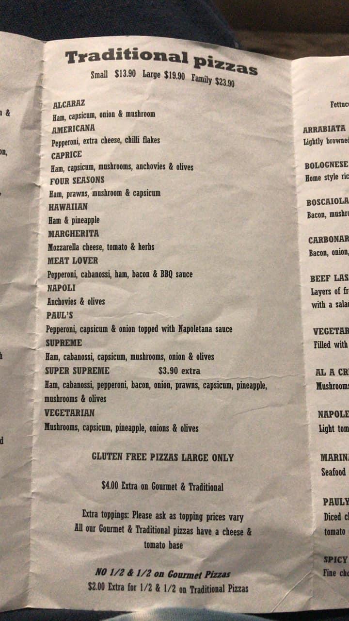 Menu at Pauly's Gourmet Kitchen restaurant, Morisset