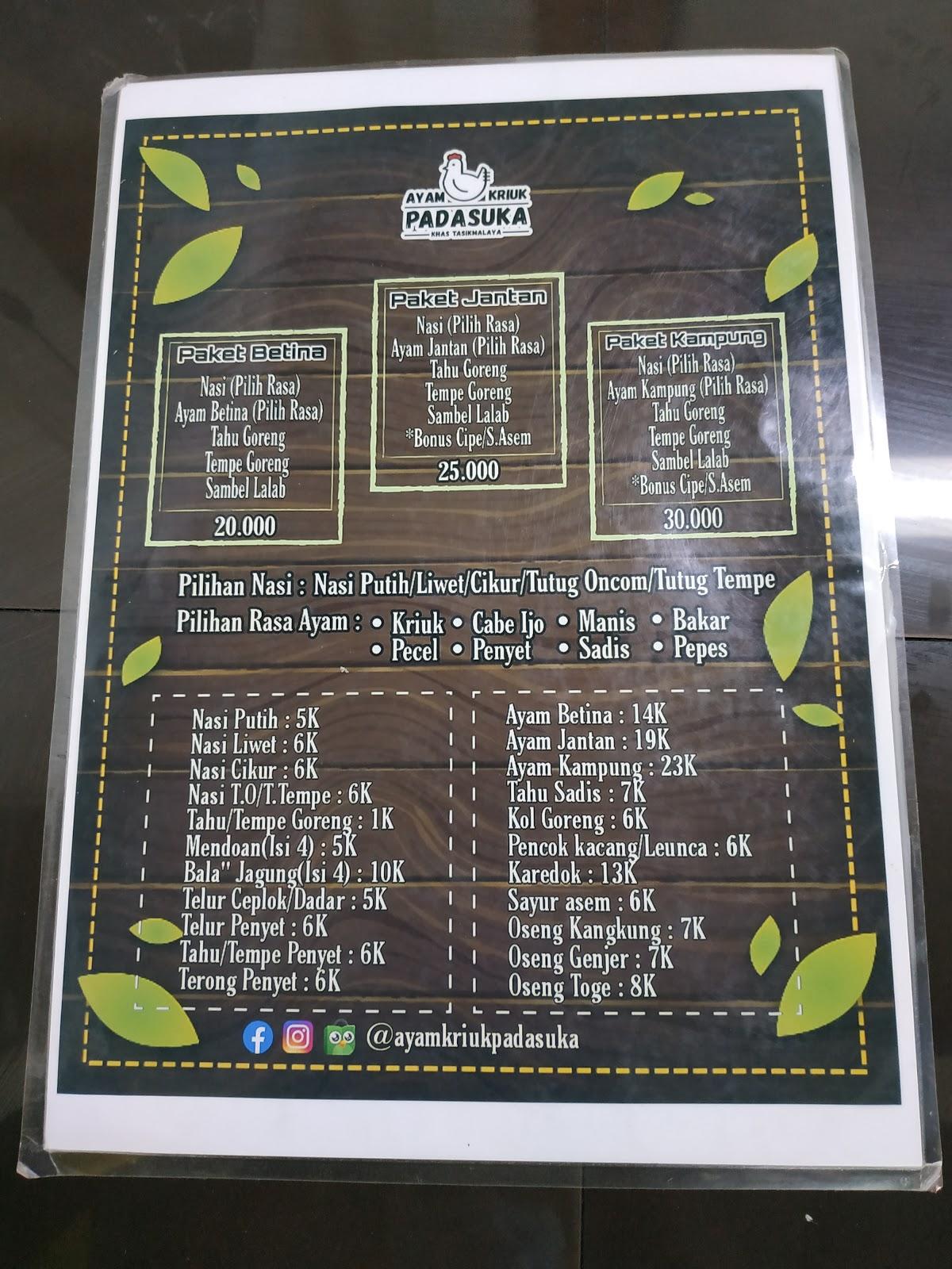 Menu at Ayam kriuk PadaSuka restaurant, Tasikmalaya, M658+RCR
