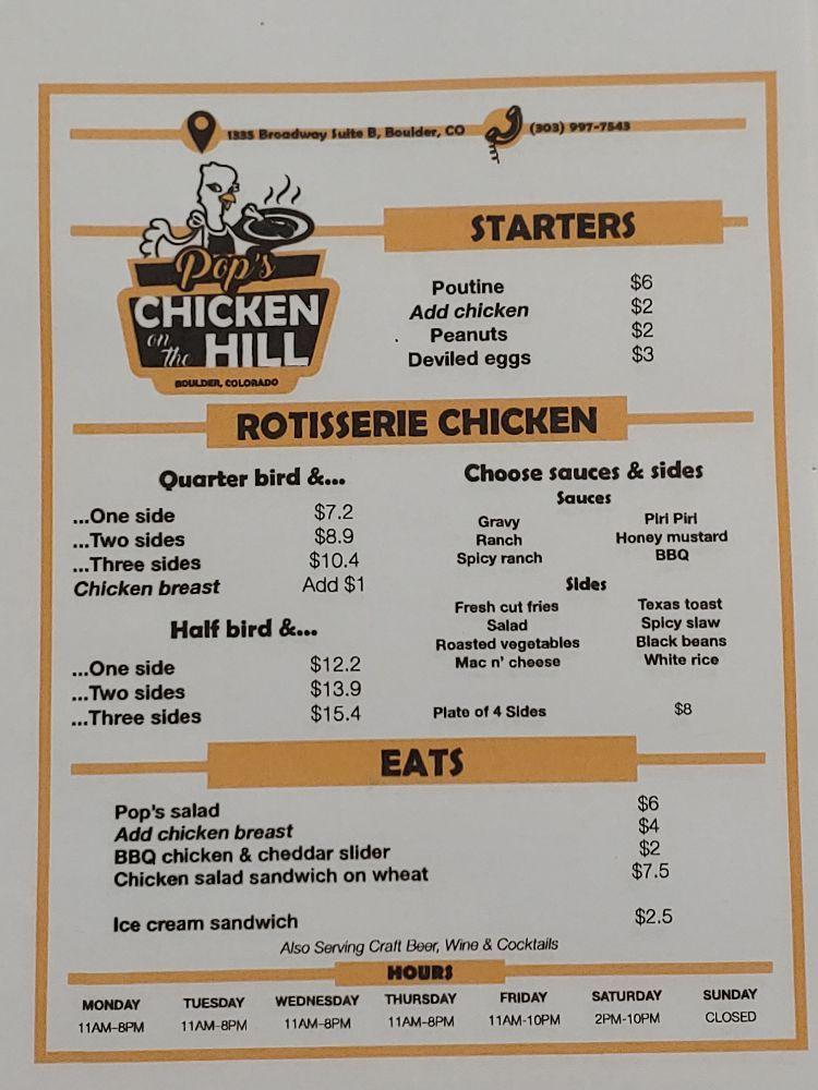 Menu at Chicken on the Hill restaurant, Boulder