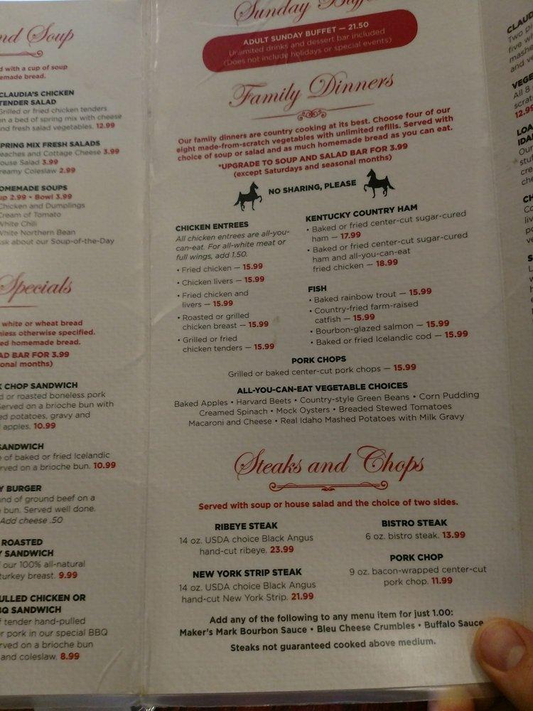 Menu at Claudia Sanders Dinner House restaurant, Shelbyville