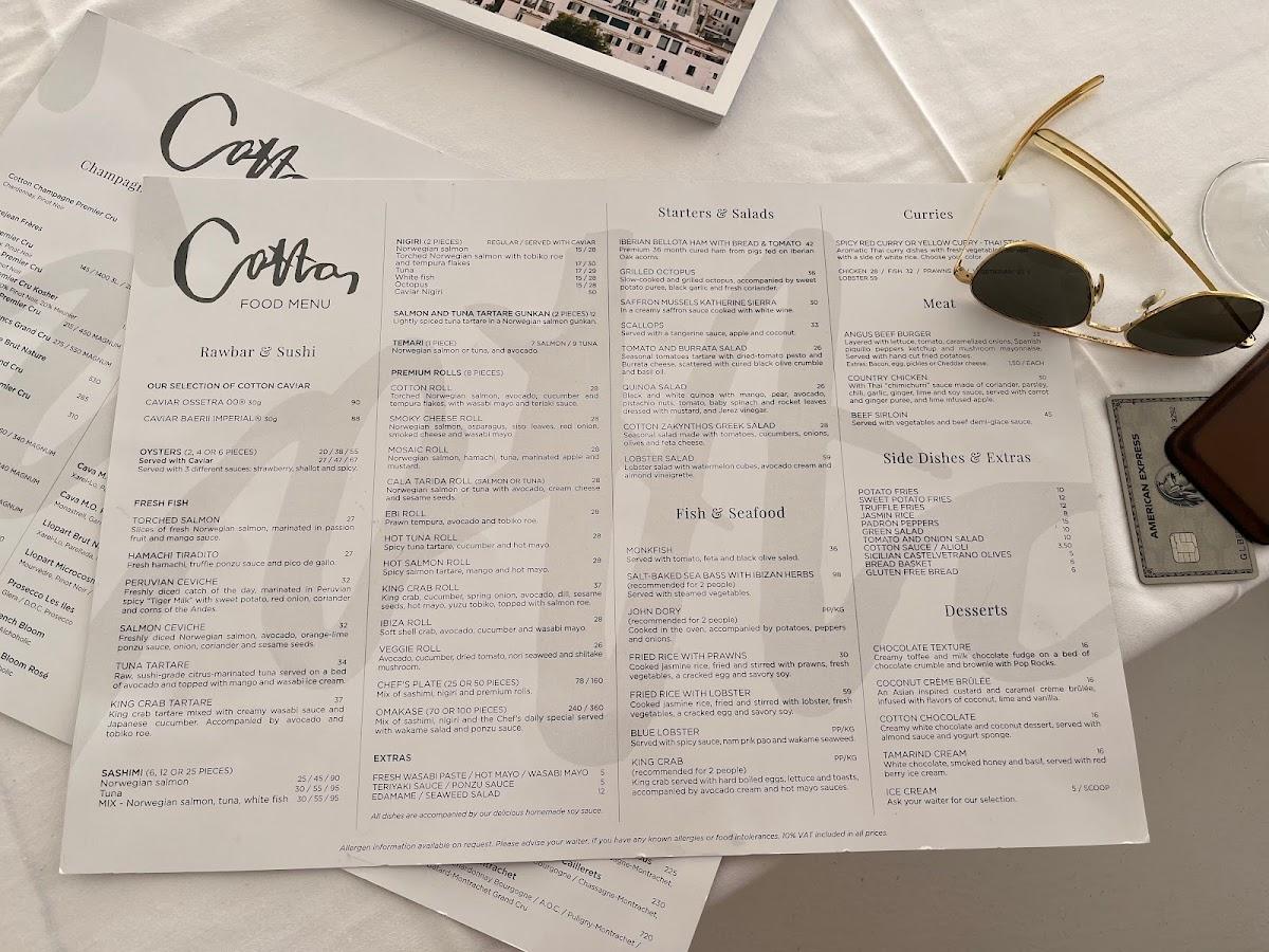 Menu at Cotton Beach Club Ibiza, Spain