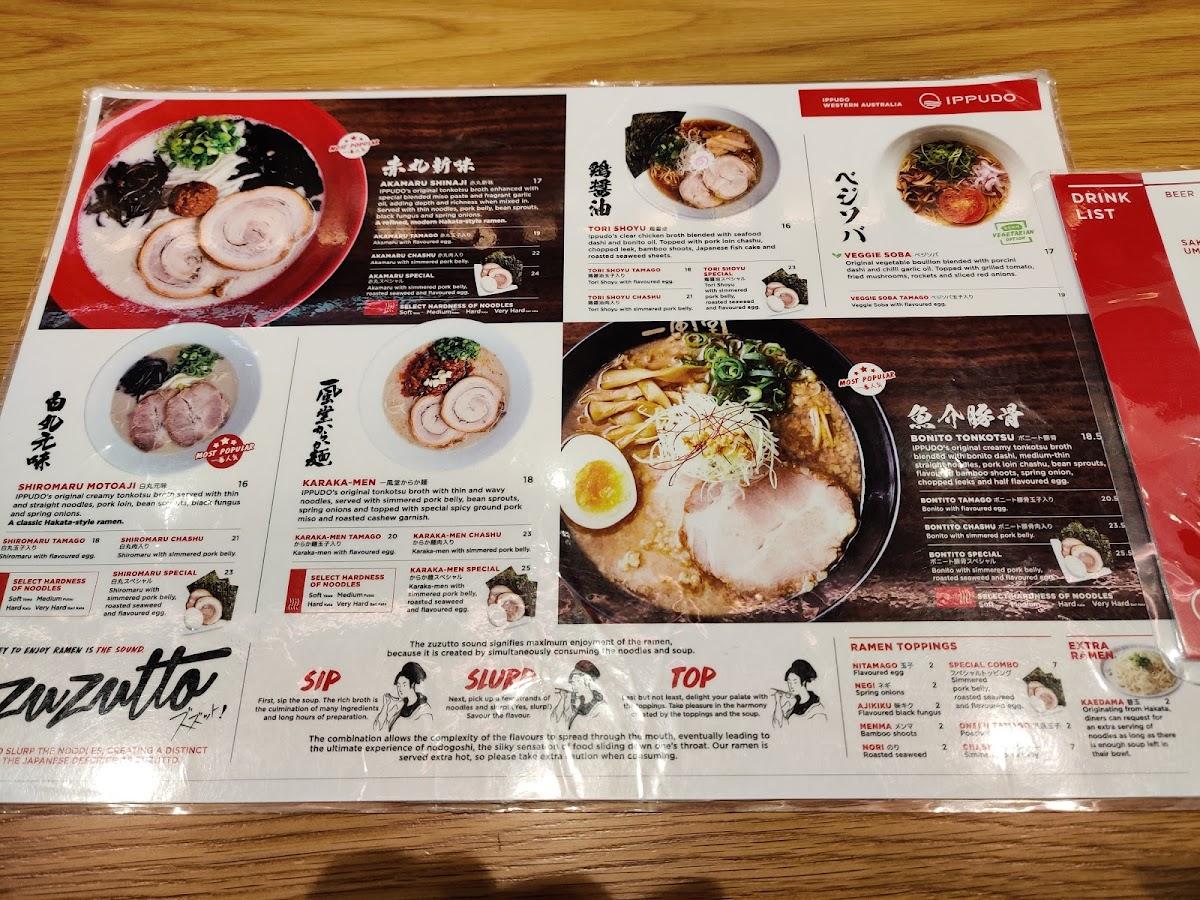 Menu at Ippudo restaurant, Perth