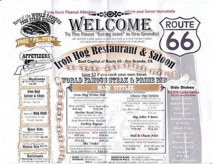 Menu at Iron Hog restaurant & Saloon, Oro Grande