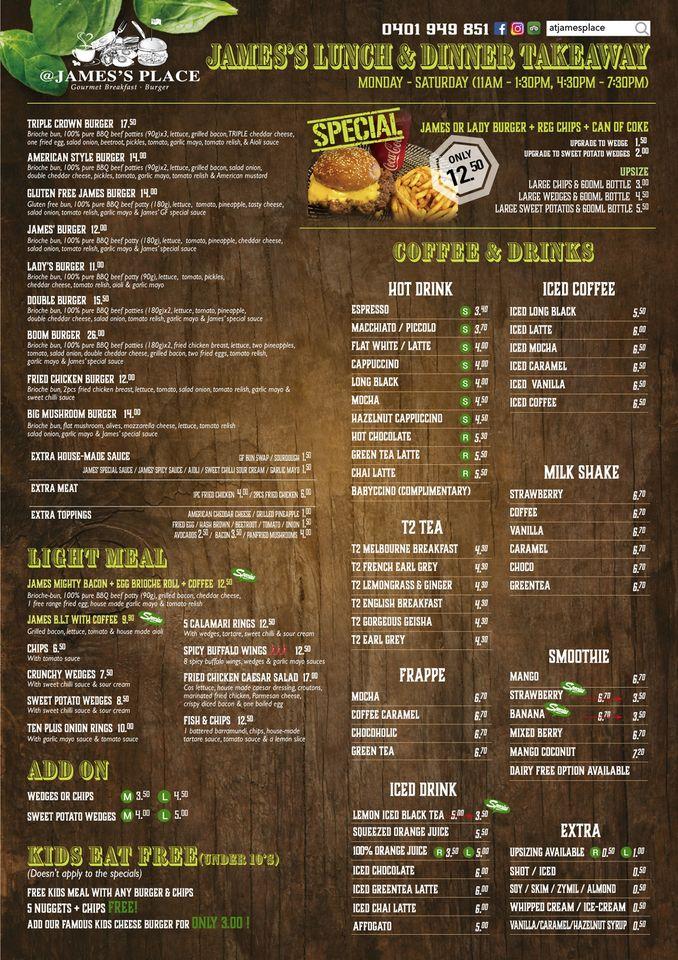 Menu at @ James's Place cafe, Bundaberg Central