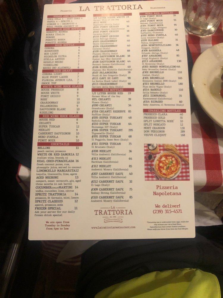 Menu at La Trattoria pizzeria, Naples