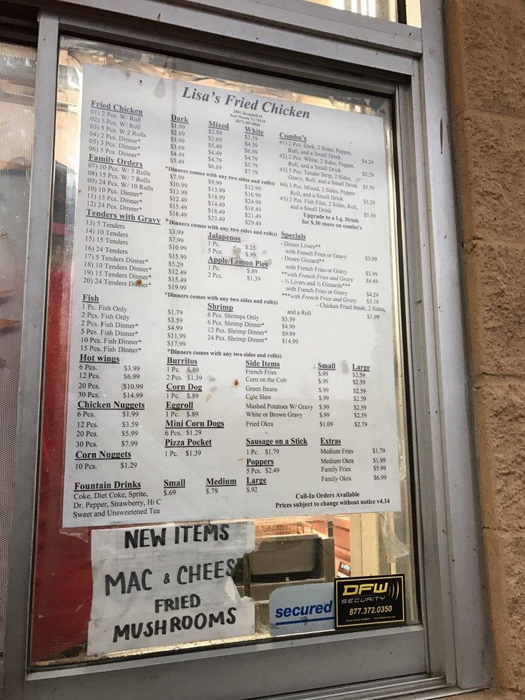 Menu at Lisa's Chicken restaurant, Fort Worth, 2501 Hemphill St