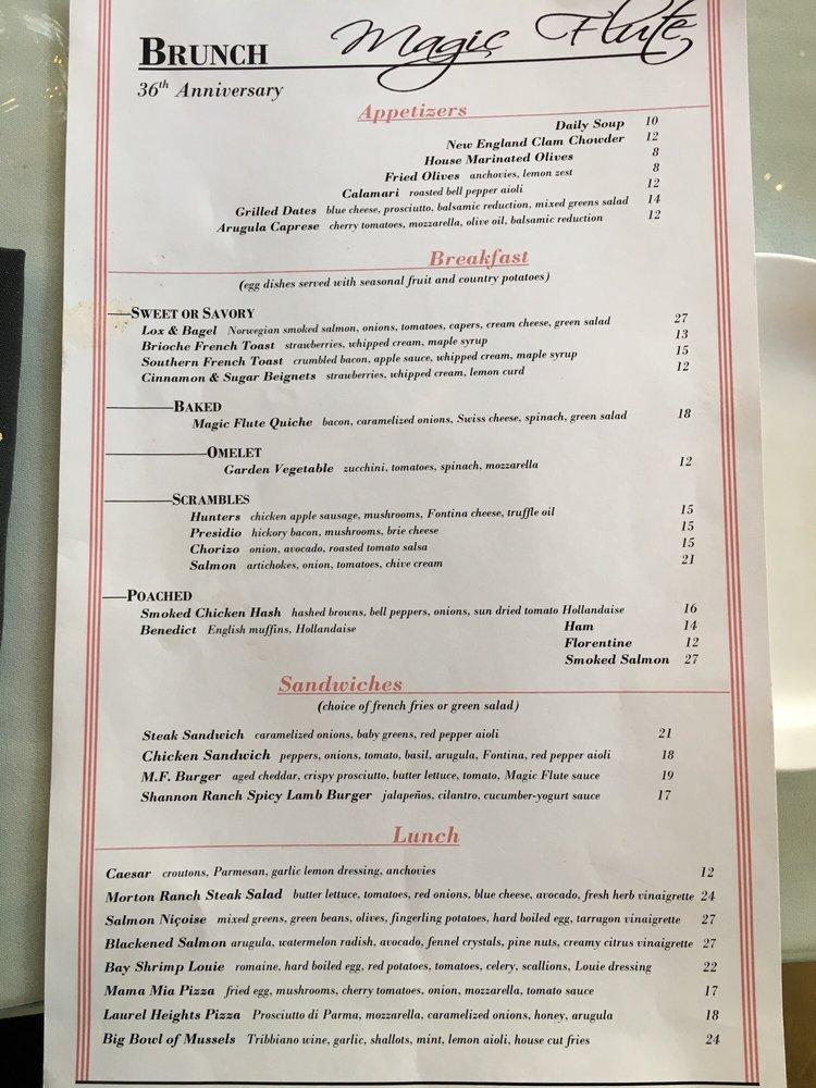 Menu at Magic Flute Restaurant, San Francisco