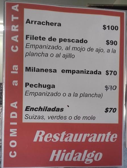 Menu at Restaurante Hidalgo, Mexico City