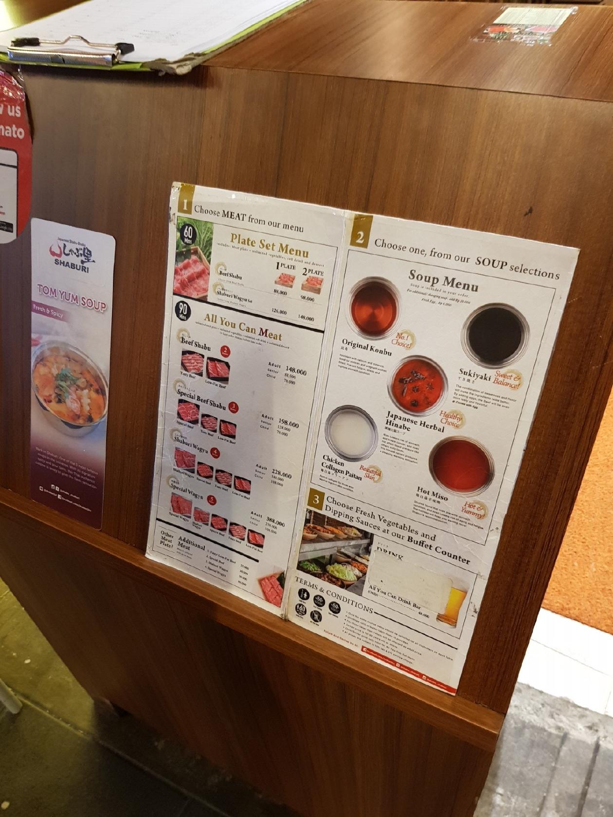 Menu at Shabu-Shabu Letasu restaurant, Jakarta, Grand Indonesia