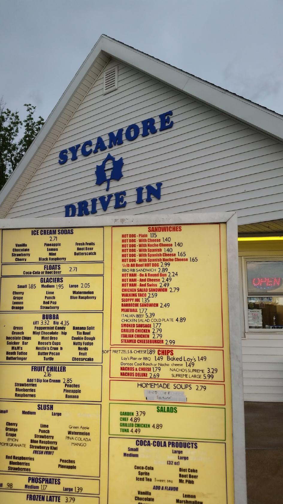 Menu at Sycamore Drive In restaurant, Monticello