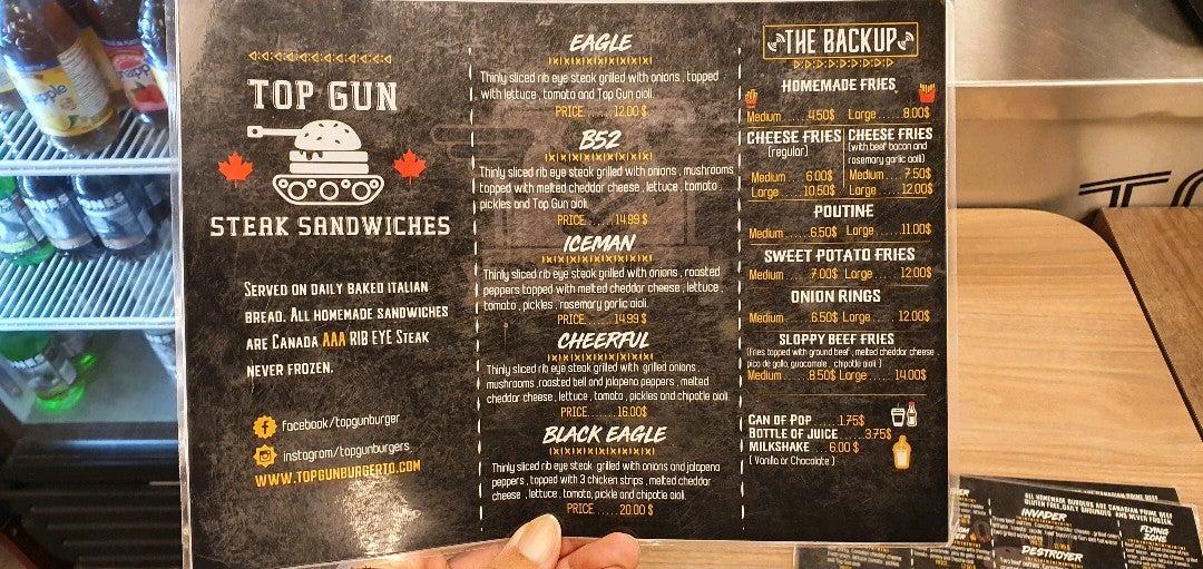 Menu at Top Gun Burger restaurant, Vaughan