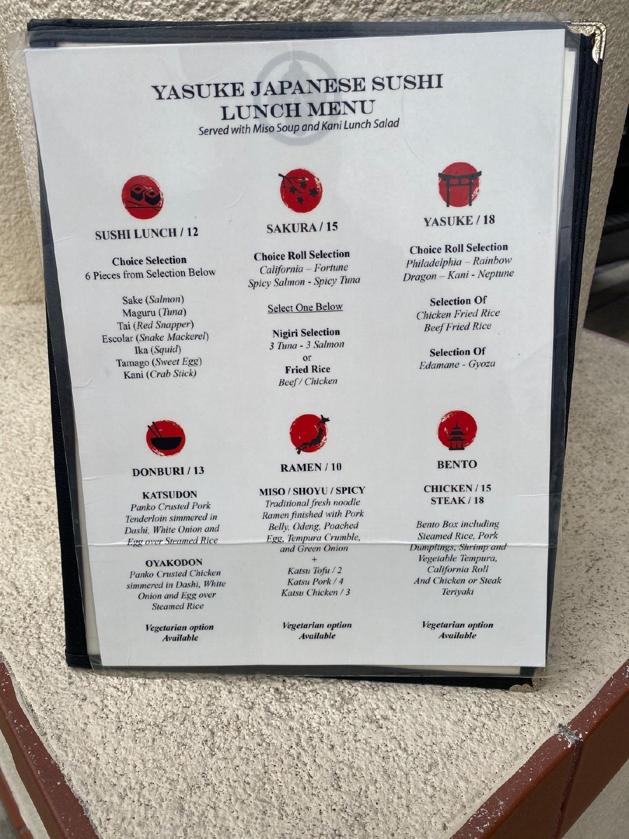 Menu at Yasuke Japanese Sushi restaurant, McAllen