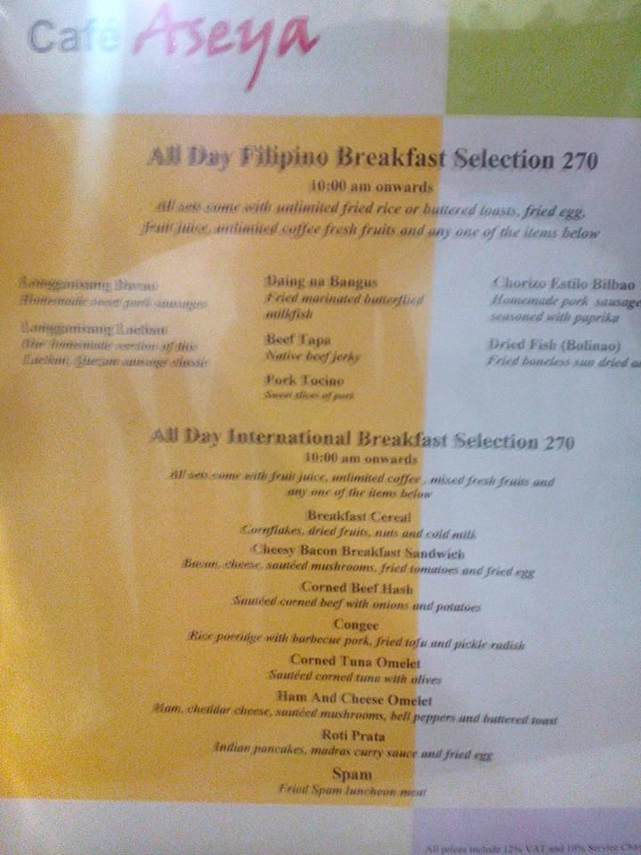 Menu at Aseya cafe, Davao City