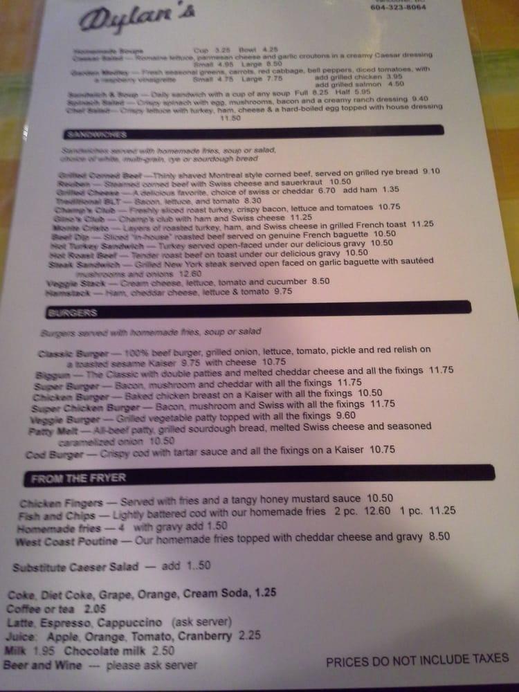 Menu at Dylan's restaurant, Vancouver