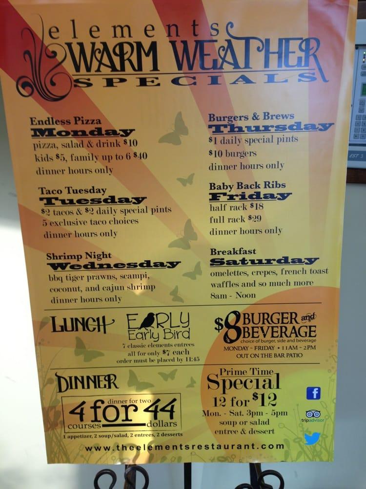Menu at Elements Restaurant, Logan